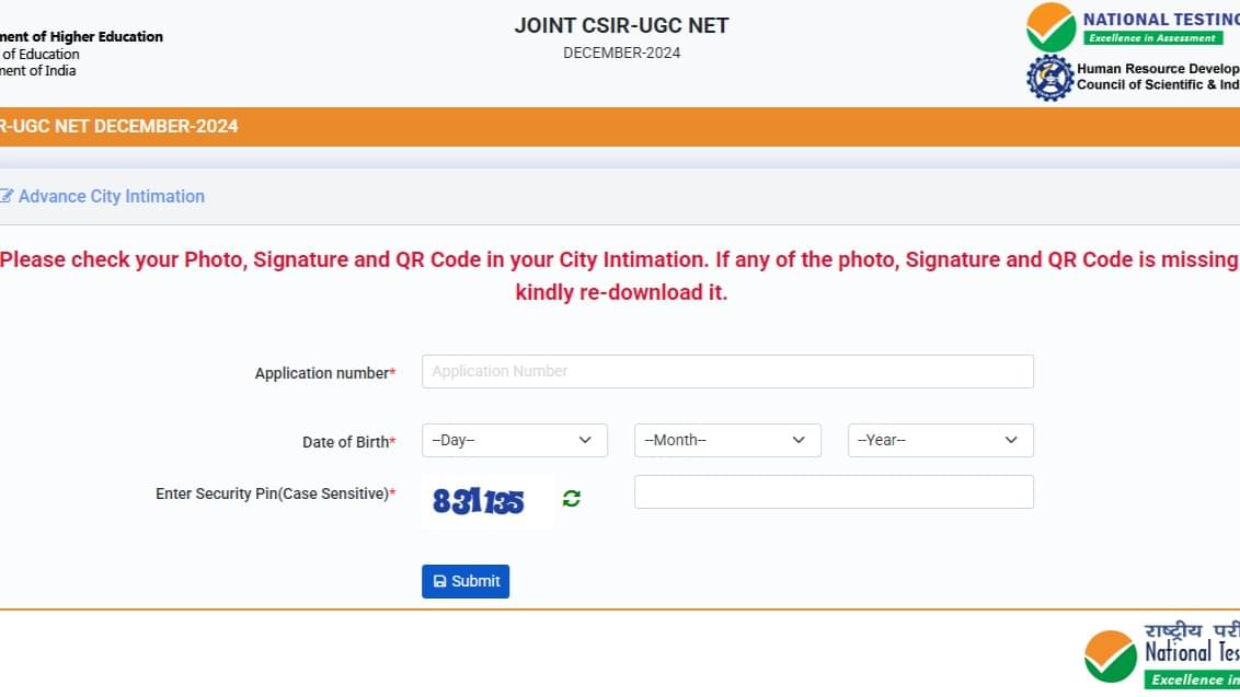 CSIR UGC NET December 2024: City Intimation Slip Out at csirnet.nta.ac ...