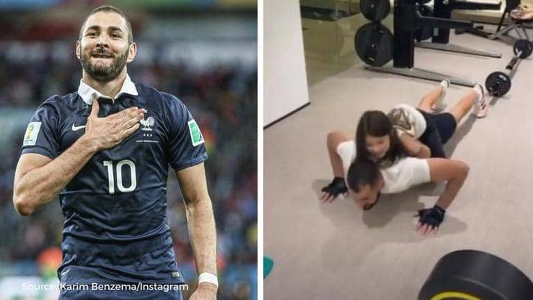 Benzema does push-ups with daughter on his back as he is pumped to ...