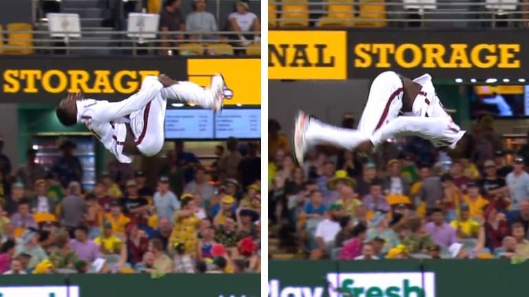 West Indies Kevin Sinclair's cartwheel celebration against Australia ...