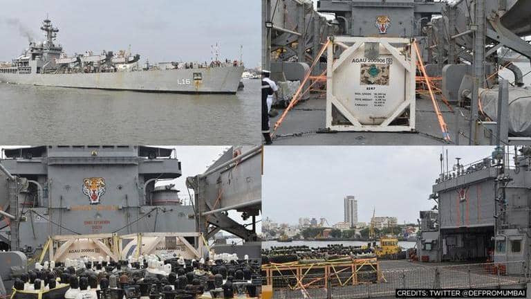 Indian Naval Ship Shardul arrives at Mumbai with medical supplies from ...
