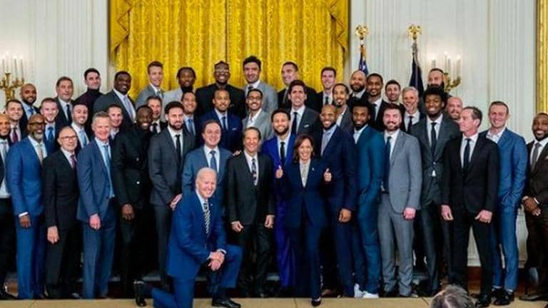 Joe Biden sparks controversy as he kneels in 2022 NBA Championship team ...