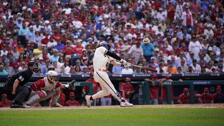 Bryce Harper hits 300th homer, going deep against the Los Angeles Angels’ Matt Moore | Republic ...
